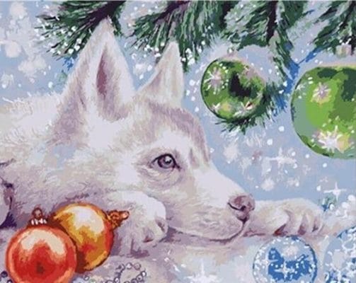 Husky Dog And Christmas Baubles Paint By Numbers - Numeral Paint Kit