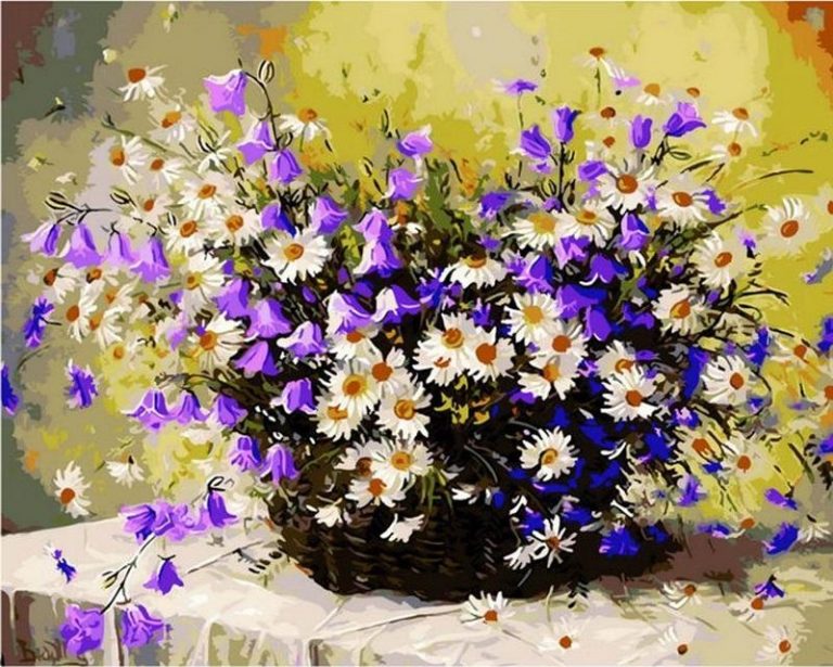 Daisies And Purple Flowers Basket Paint By Numbers - Numeral Paint Kit
