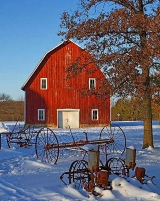 Red Barn In Snow Paint By Numbers - Numeral Paint Kit