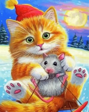Cat With Mouse Illustration Paint By Numbers - Numeral Paint Kit